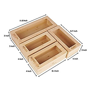 Set of 4 Bamboo Food Storage Bag Organizer with Non-Slip Pads for Gallon, Quart, Sandwich, Snack, Zipper and Slider Bags, Kitchen Drawer Organizer for Ziploc, Glad, Solimo, 365 by WFM, Hefty