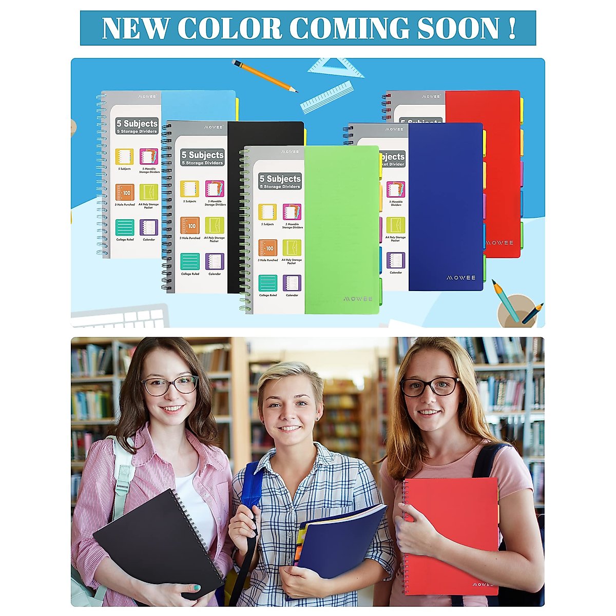 MOWEE Spiral Notebook - 5 Subject Notebook, College Ruled Notebook 3-Hole Punched With Dividers, Storage Pockets, 11" Ruler, 100 Sheets of 200 Pages, for Writing Journal, Home &Office, School