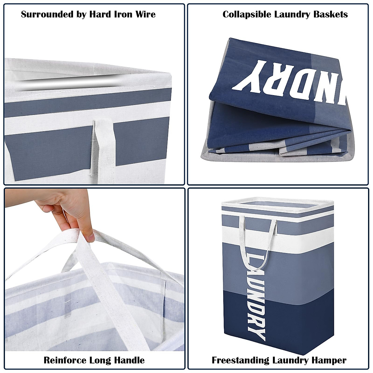 2-Pack 75L Laundry Hamper Collapsible Waterproof Laundry Basket with Easy Carry Handles Freestanding Tall Clothes Hampers for Laundry Bedroom Bathroom (Grey & Dark Blue)