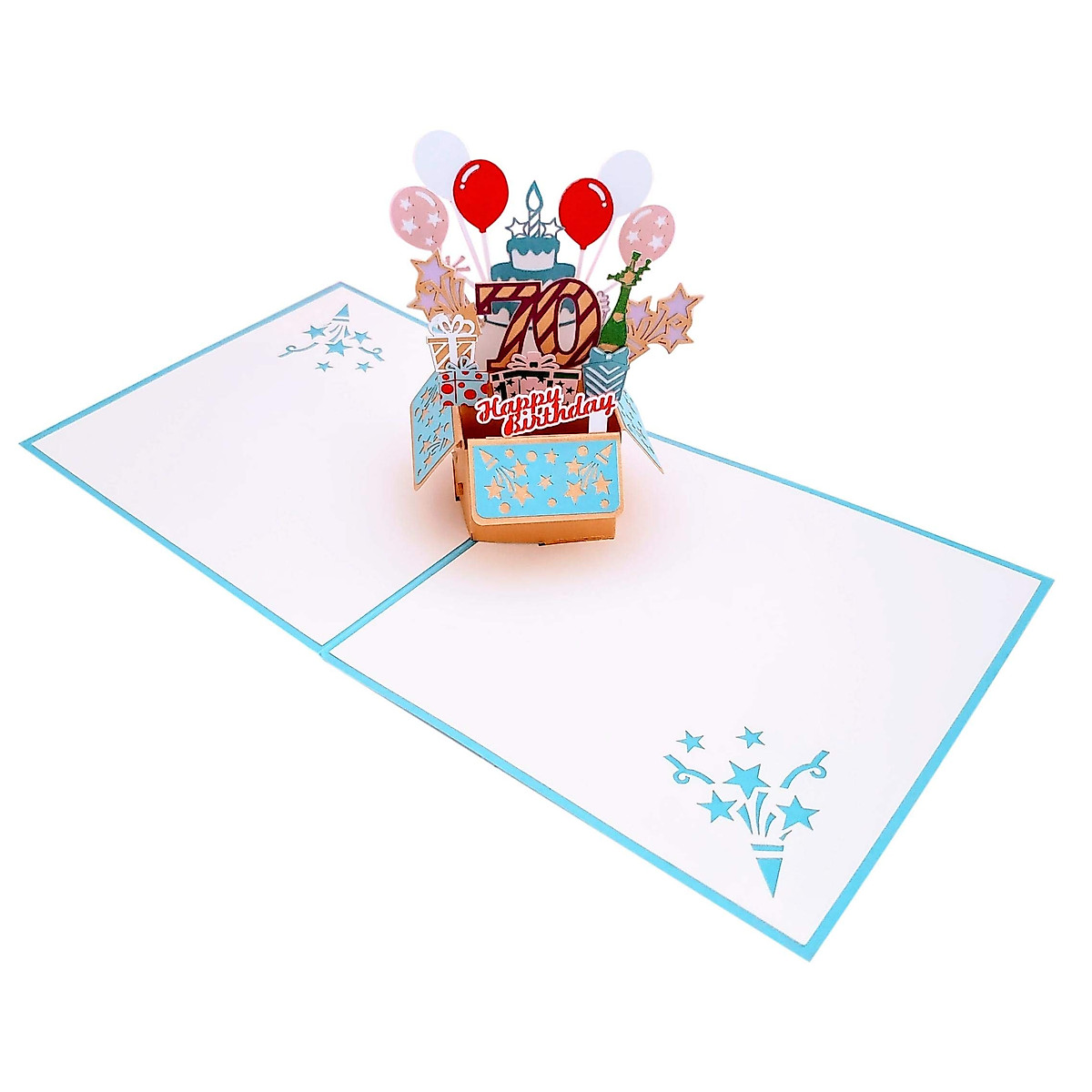 iGifts And Cards Happy 70th Blue Birthday Party Box 3D Pop Up Greeting Card – Seventy, Awesome, Balloons, Unique, Celebration, Feliz Cumpleaños, Fun, Festive
