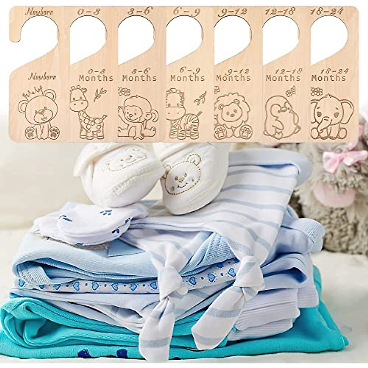 Wooden Baby Closet Dividers for Clothes, 7Pcs Double-Sided Organizer from Newborn Infant to 24 Months, Cute Nursery Decor Hanger Dividers Easily Organize Your Little Baby Girls or Boys Room