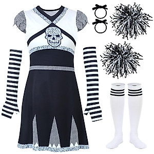 Haull 9 Pcs Cheerleader Costume for Girls Ra Ra Rebel Cheerleader Costume Outfits for Halloween Cosplay Dress up(4-6 Years)