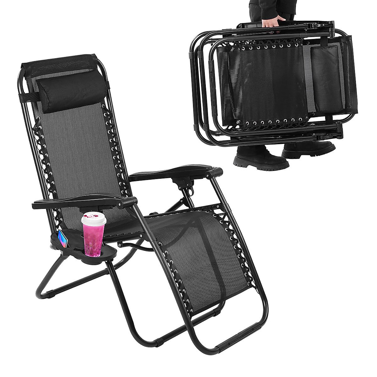 VTOY Zero Gravity Folding Reclining Lounge Chair with Pillow,Adjustable Reclining Patio Chairs,Side Table for Home/Office/Camping/Pool Yard with Cup Holder (Black)