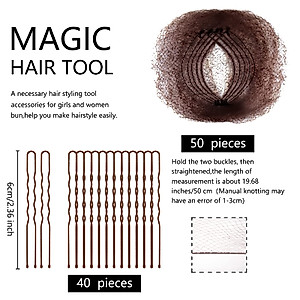 Zonon Bun Hair Nets 50Pcs, Invisible Elastic Edge Mesh, Individual Package, Brown & U Shaped Pins 40Pcs for Ballet Bun, Sleeping, Women and Wig