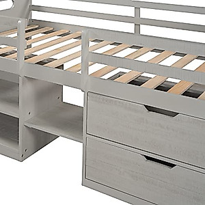 DRELOFT Twin Size Low Loft Bed with 2 Storage Shelves and 2 Drawers, Wooden Storage Bed Loftbed Frame for Kids Boys Girls Bedroom, No Box Spring Needed, Antique Gray