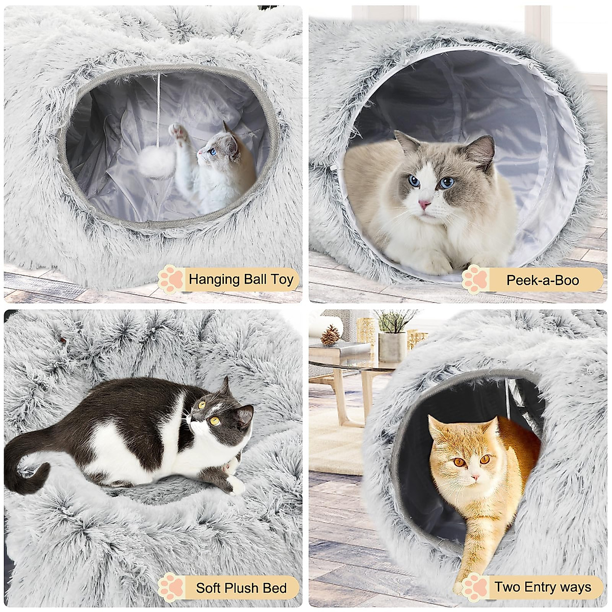 Lonepetu Plush Cat Tunnel Bed for Indoor Cats, Collapsible Cat Donut Tunnel with Central Mat, Fluffy Cat Cave Tube with Hanging Ball for Cat Kitten Rabbit Puppy Ferret