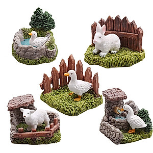 X Hot Popcorn Mini Animals Bunny Miniature Figurines Fence Rabbit Duck Sheep Model Fairy Garden Miniature Moss Landscape DIY Terrarium Crafts Ornament Accessories for Home Decoration, Set of 5