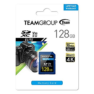 TEAMGROUP Elite 128GB UHS-I U3 V30 UHD Read Speed up to 100MB/s SDXC High Speed 4K Memory Card Compatible with Canon Sony Nikon Panasonic FUJIFILM Digital Camera TESDXC128GIV3001