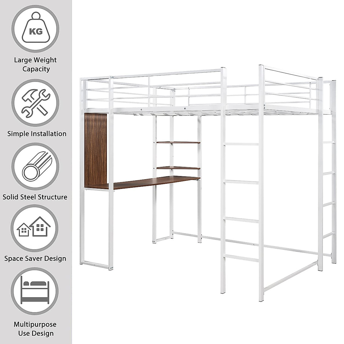 Full Size Metal Loft Bed with Shelves and one Desk, Multifunctional Loft Bed Frame for Teens/Adults (White, Full)