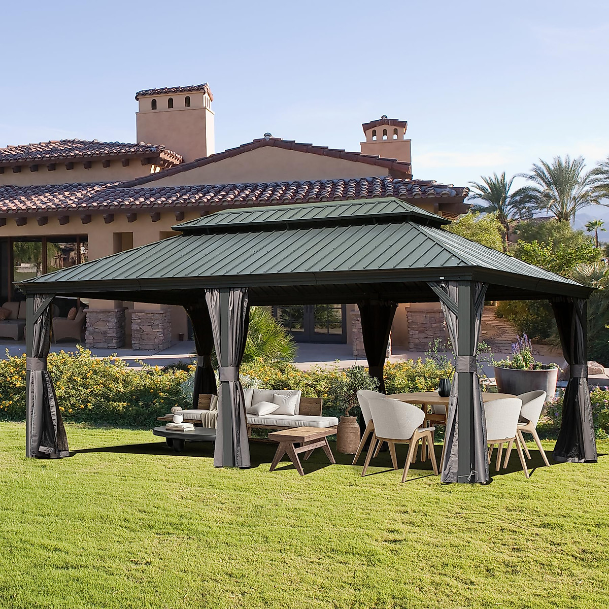 Domi 12' X 18' Hardtop Gazebo Outdoor Metal Gazebo with Galvanized Steel Double Roof Canopy, Aluminum Frame, Curtains and Netting for Patio, Deck, Garden, Grey