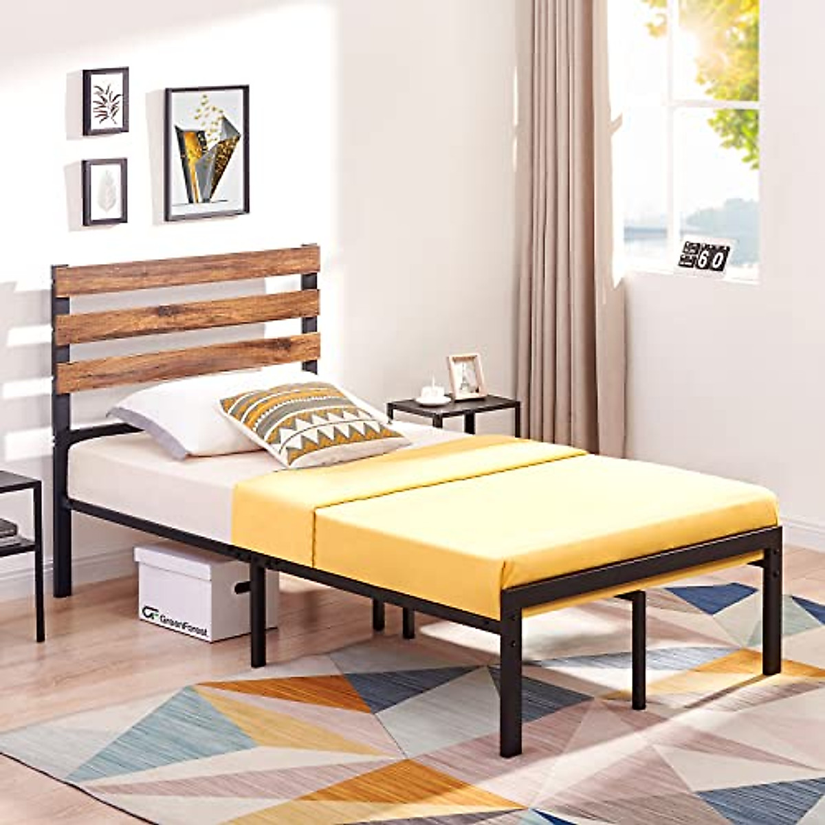 GreenForest Twin Bed Frame with Wooden Headboard Platform Bed with Metal Support Slats NO-Noise Heavy Duty Bed Industrial Country Style with 9 Strong Legs No Need Box Spring, Twin