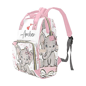 Anneunique Cute Elephant Pink Flowers Diaper Bags Backpack with Name Personalized Baby Bag Nursing Nappy Bag Travel Tote Bag Gifts for Mom Girl, 10.83 x 6.69 x 15 Inch