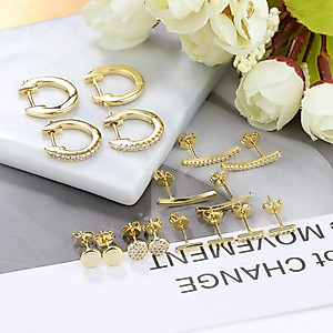 FIBO STEEL 8 Pairs Stainless Steel Star Bar Stud Earrings for Women Cute CZ Stud Earring Set Gold