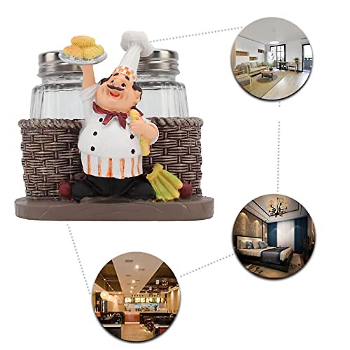 Chef Salt and Pepper Shakers, Chef Stature Holder Decorative Synthetic Resin Ingenious Vivid Chef Figurine Holder with 2 Glass Sauce Bottle