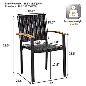 Tangkula 4 Pieces Stackable Patio Rattan Chair, Outdoor PE Wicker Dining Armchair W/Galvanized Steel Frame, Acacia-Topped Armrests, Indoor & Outdoor Wicker Chair for Patio Table, Yard (2, Mix Brown)
