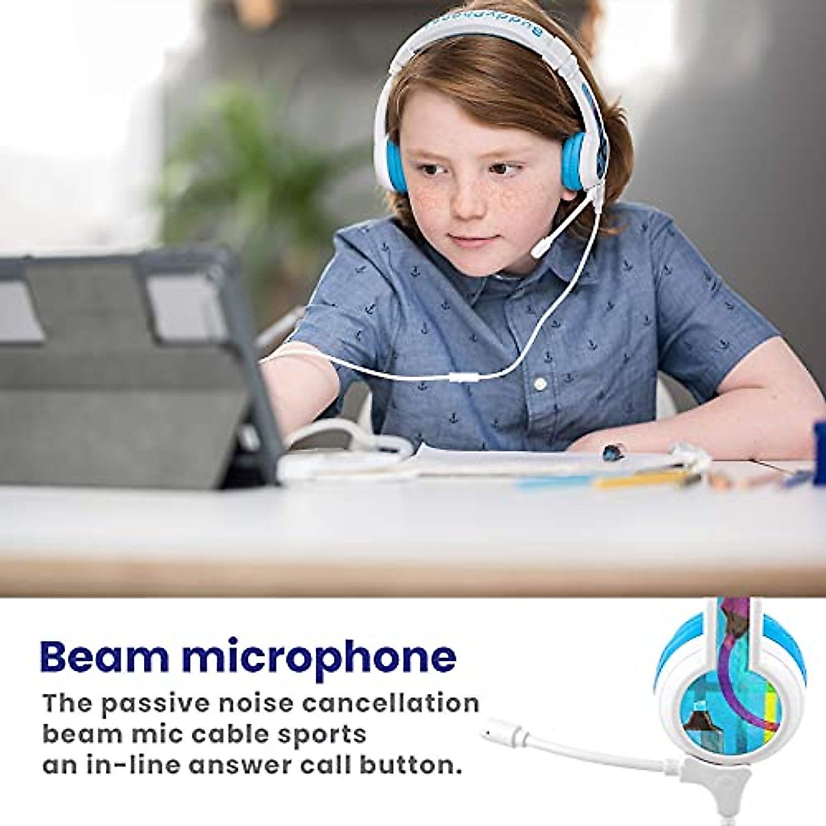 ONANOFF BuddyPhones School+ Safe Audio School Headphones for Kids, High-Performance BeamMic, Detachable BuddyCable, Anti-Allergic Earpad with Carry Bag, Blue
