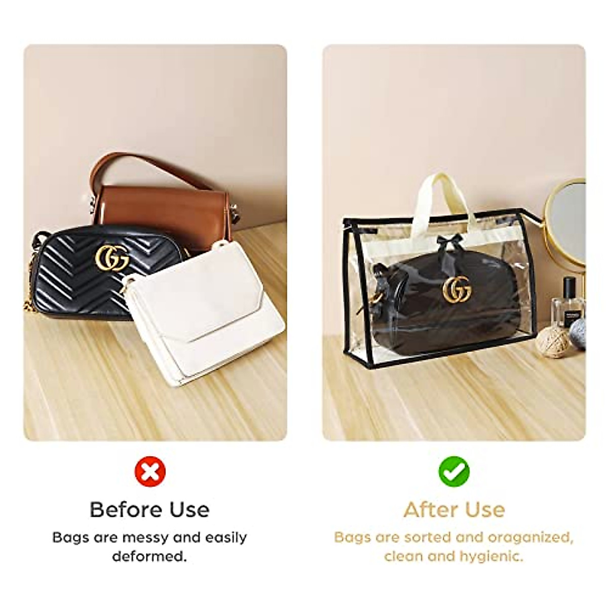 About tidy love Dust Bags For Handbags, Clear Purse Storage Organizer for Closet - Dust Free, Waterproof & Protective Purse Dust Bag with Zipper & Handles - 3x Transparent Purse Holder + 3 Hooks (1)