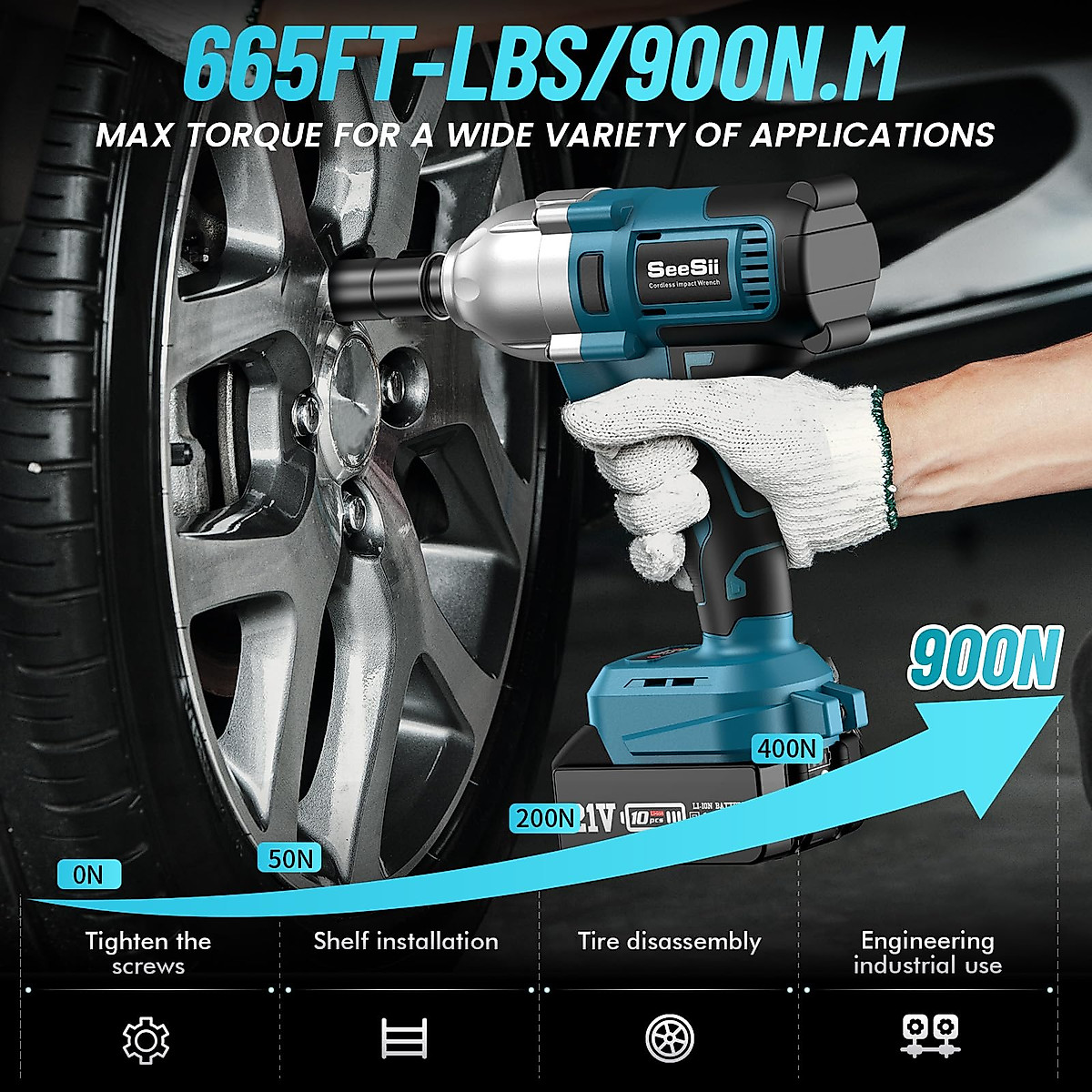 Seesii Cordless Electric Impact Wrench 1/2 inch for Car Home, 665Ft-lbs(900N.m) Brushless, 3300RPM High Torque Gun w/ 2x 4.0Ah Battery,Charger & 6 Sockets, WH710