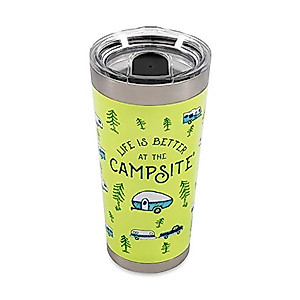 Camco Life is Better at The Campsite 20 oz. Printed Tumbler - Offers Superior Ice and Heat Retention - Features an RV Sketch Pattern on a Green Background (53321)