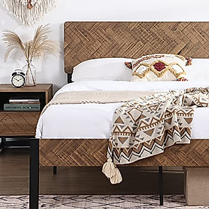 ANITA Queen Size Bed Frame with Wood Headboard, High Profile Platform Bed Frame 12.4 inch Storage Underneath / Metal Slat Support / Rustic Boho Style