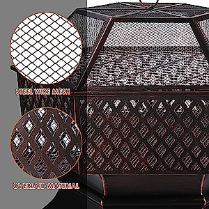 Arlopu 30/28'' Outdoor Grilled Fire Pit, Wood Burning Firepit, Patio Portable Pit, Hex Outside Camp Fireplace, W/ 20in Fire Poker, Spark Screen, 0.8mm Steel Base for Backyard,Terrace,Poolside,Gazebo