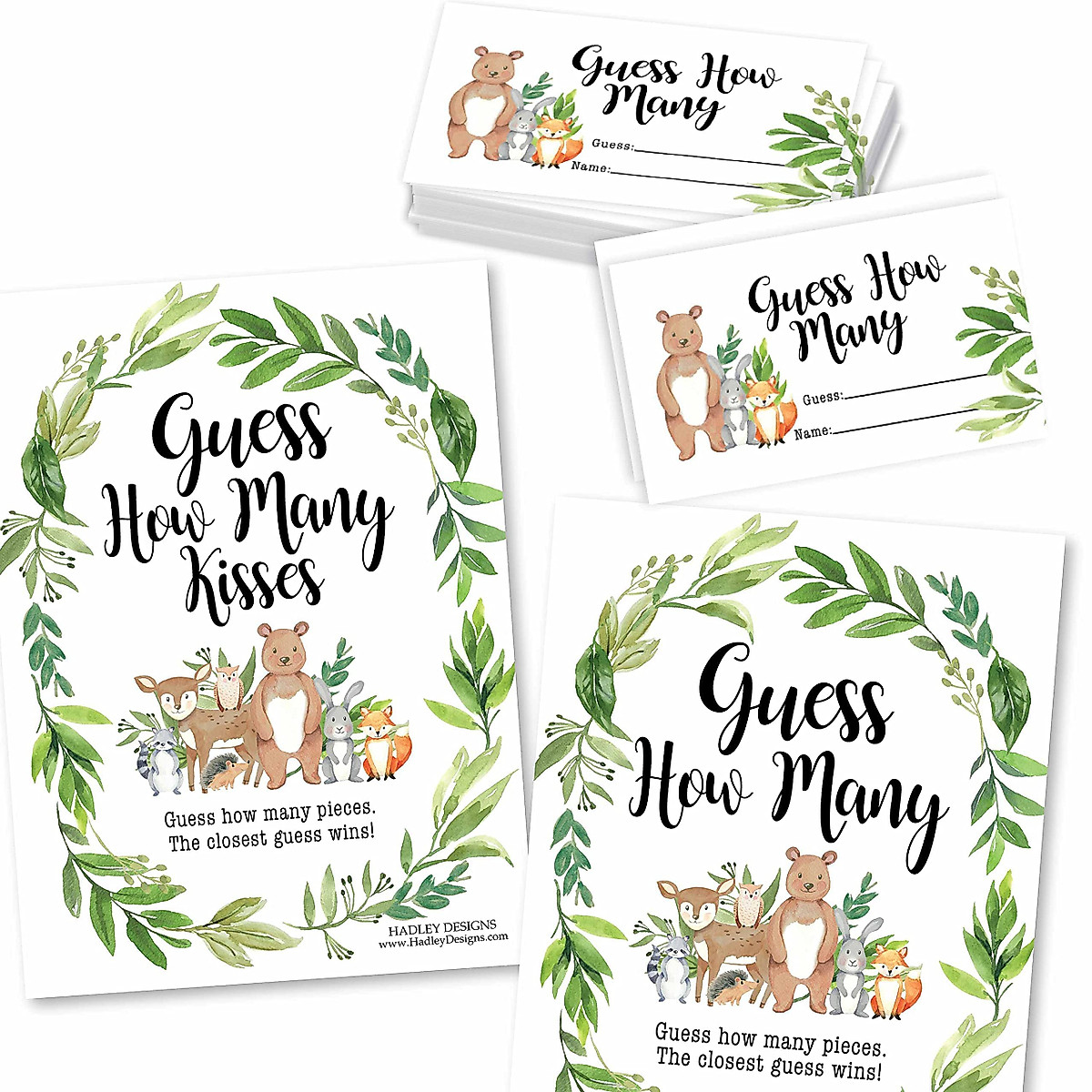75 Woodland Who Knows Mommy Best, Baby Prediction and Advice Cards etc, 25 Guess How Many Cards - 8 Double Sided Cards Baby Shower Games Funny, How Many Kisses Game Baby Shower Decorations