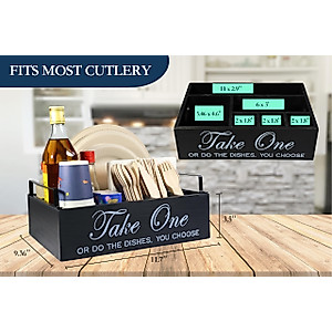 Rehuei Paper Plate Holder Utensil Caddy Organizer - Rustic Wood Disposable Plate Dispenser with Handles for Cups, Forks, Spoons, Napkins and Silverware Holders (handle paper plate holder)