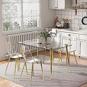 Glass Dining Table for 4 with 51 inch Clear Tempered Glass Top, 0.31" Modern Rectangular Glass Kitchen Table Furniture with 4 Golden Plating Metal Legs for Home Kitchen Room