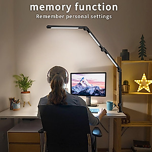 vimeepro LED Desk Lamp with Clamp Flexible 4 sections Swing Arm Three light sources desk light, 4 Color Modes & 5 Brightness, Eye Caring Led table light with Memory Function for table lamps for office