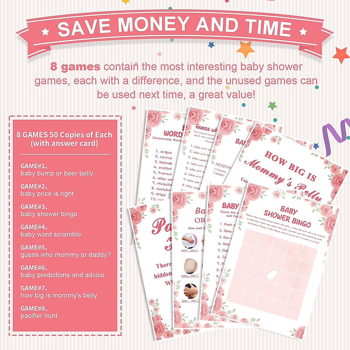 Baby Shower Games for Girl-8 Games,Fun and Easy to Play,Includes Baby Shower Bingo,Price is Right,Guess Who Mommy or Daddy,Word Scramble,Prediction and Advice,How Big is Mommys Belly,Pacifier Hunt