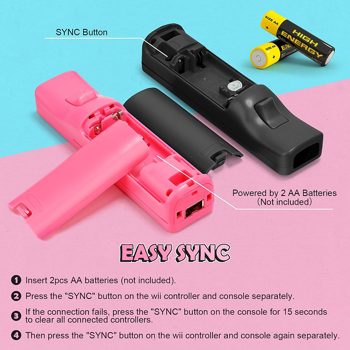 PGYFDAL Wii Controller 2 Pack, Wii Remote Controller and Nunchuck Joystick with Silicone Case and Wrist Strap for Holiday (Black and Pink)