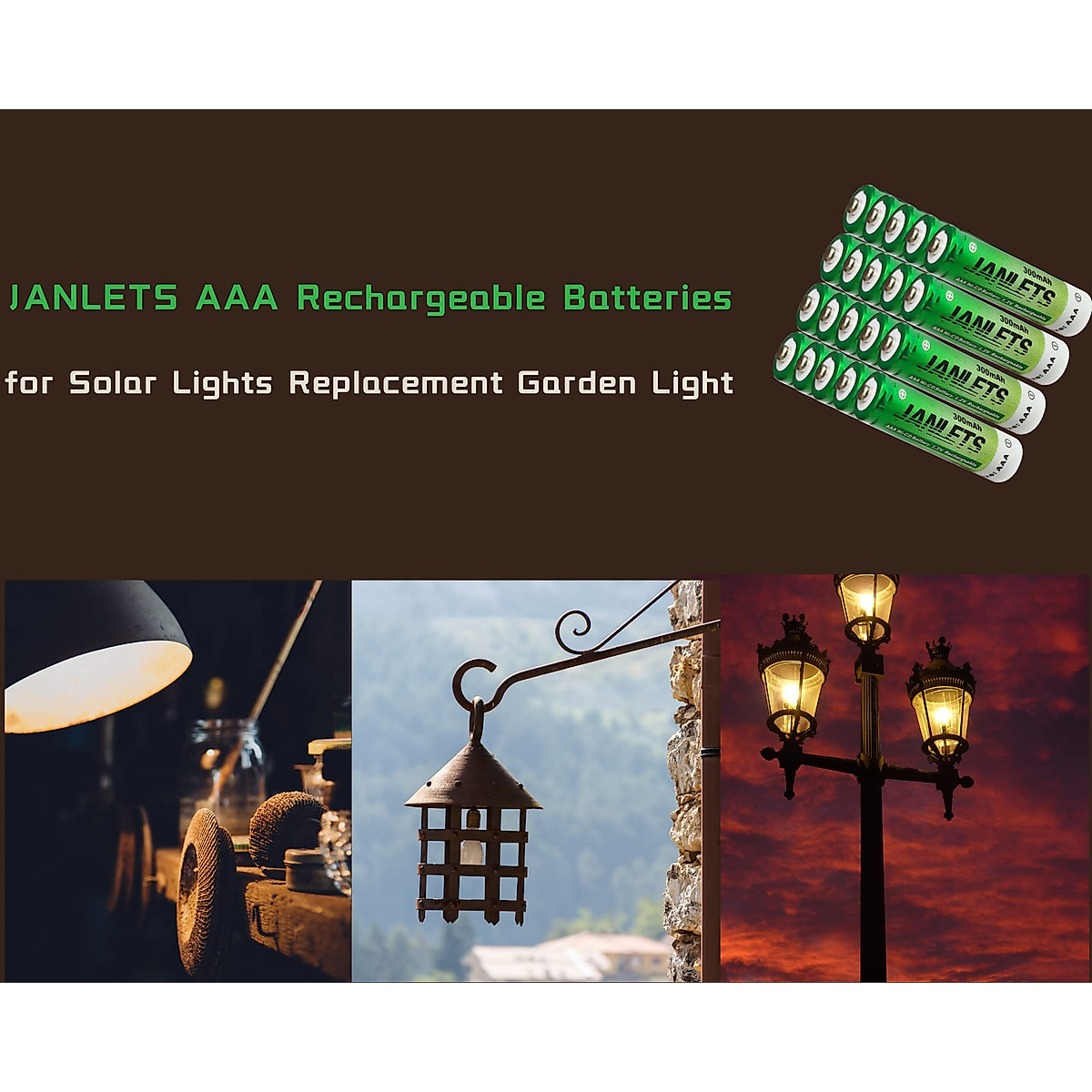 JANLETS Solla NiCD AAA Rechargeable Battery, 300mAh Solar Batteries(20pack) for Solar Garden Lights, Anti-Leak, Outdoor Durability, Toys