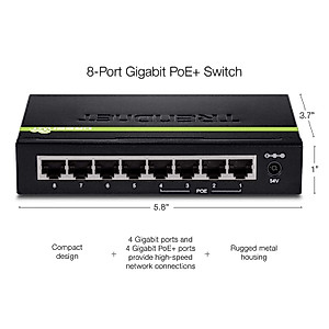 TRENDnet 8-Port Gigabit GREENnet PoE+ Switch, TPE-TG44G, 4 x Gigabit PoE/PoE+ Up to 30 W/Port, 4 x Gigabit, 61 W Power Budget, 16 Gbps Switch Capacity, Ethernet Unmanaged Switch