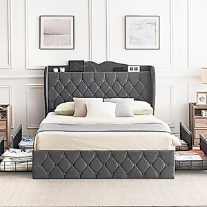 GAOMON Queen Size Bed Frame with 4 Storage Drawers and Charging Station, Velvet Upholstered Platform Bed with Tall Headboard and Storage Shelf, Wooden Slats Support, No Box Spring Needed, Grey
