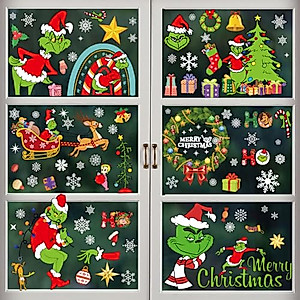 FAMYGFT Grinch Window Clings,Double Sided Elf Snowflake Merry Christmas Window Cling Glass Window Holiday Xmas Winter Window Sticker Decal Christmas Decor Glass Door Car Mirror Home Office Classroom