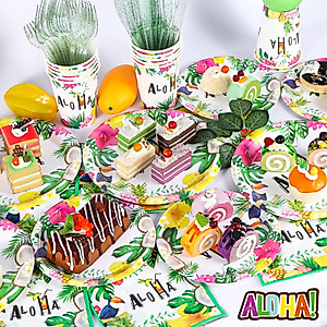 Atonofun Hawaiian Luau Party Supplies, Disposable Hawaiian Plates and Napkins Set, Aloha Party Plates and Cups, Napkins and Cutlery for Hawaiian Luau Birthday Party Decorations Serves 24