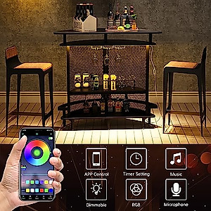 kepptory 43 Inches High Top Bar Table with RGB Smart Light, 4-Tiers Home Bar Cabinet with Footrest & Storage Shelves & Glasses Holder & Anti-Dump Metal Bar, Wine Cabinet for Home Kitchen Patio