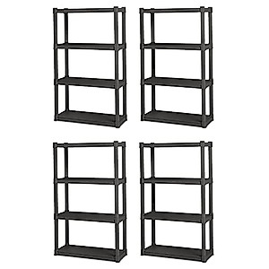 Sterilite Plastic Indoor Outdoor 4 Shelf Durable Shelving Unit for Garage, Basement, Sun Porch, Outbuilding or Shed, 50lb Shelf Max, Gray, 4 Pack
