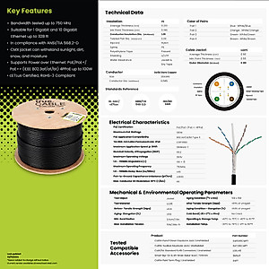 trueCABLE Cat6A Direct Burial, 1000ft, Waterproof, Outdoor Rated CMX, Black, 23AWG Solid Bare Copper, 750MHz, PoE++ (4PPoE), ETL Listed, Unshielded UTP, Bulk Ethernet Cable