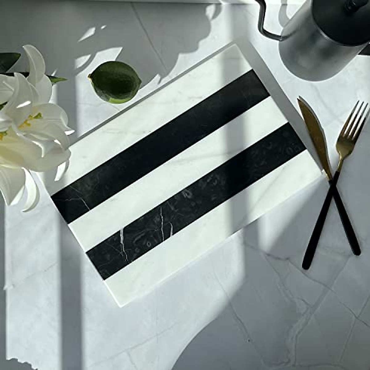 BustleDust 100% Natural Marble Pastry Board for Food, Tea, Coffee, Breakfast, Snacks, Cheese, Appetizers - Use in Kitchen, Bathroom, Office (Glossy Surface,Black&White,11.8x7.9x0.39in)