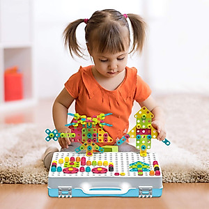 249 PCS STEM Learning Toys – Electric Drill DIY Educational Set, Creative Engineering with Various Shapes and 5 Toy Tools – 2&3D Mosaic Construction Kit for Toddlers, Boys and Girl Ages 3 4 5 6 7 8 9