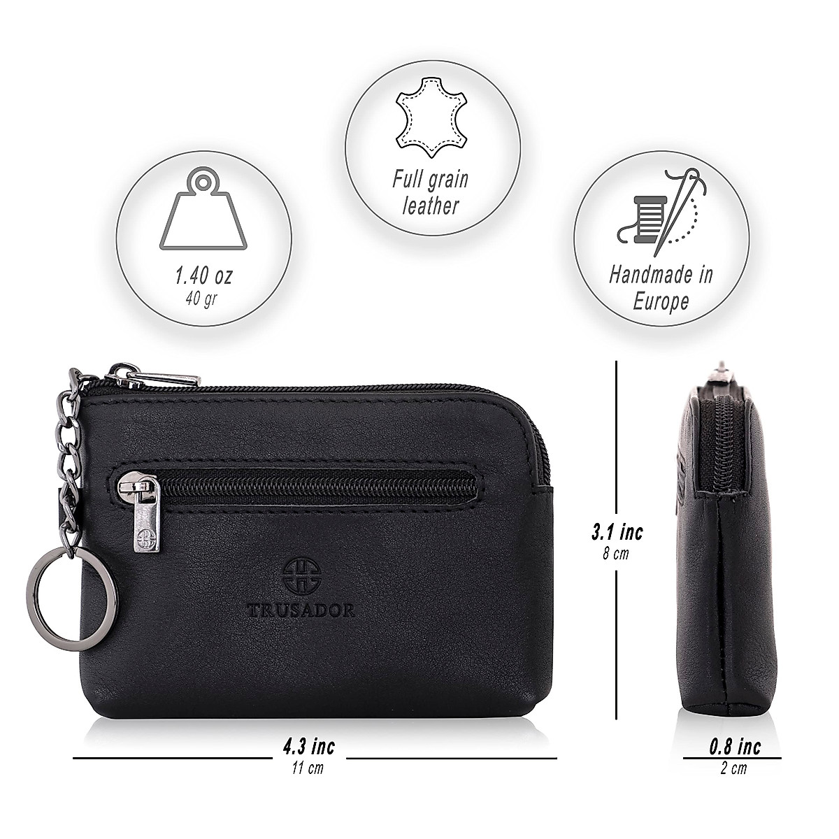 Trusador Milano Unisex Leather Front Pocket Wallet Coin Purse Zipper Pouch with Keychain (Black)