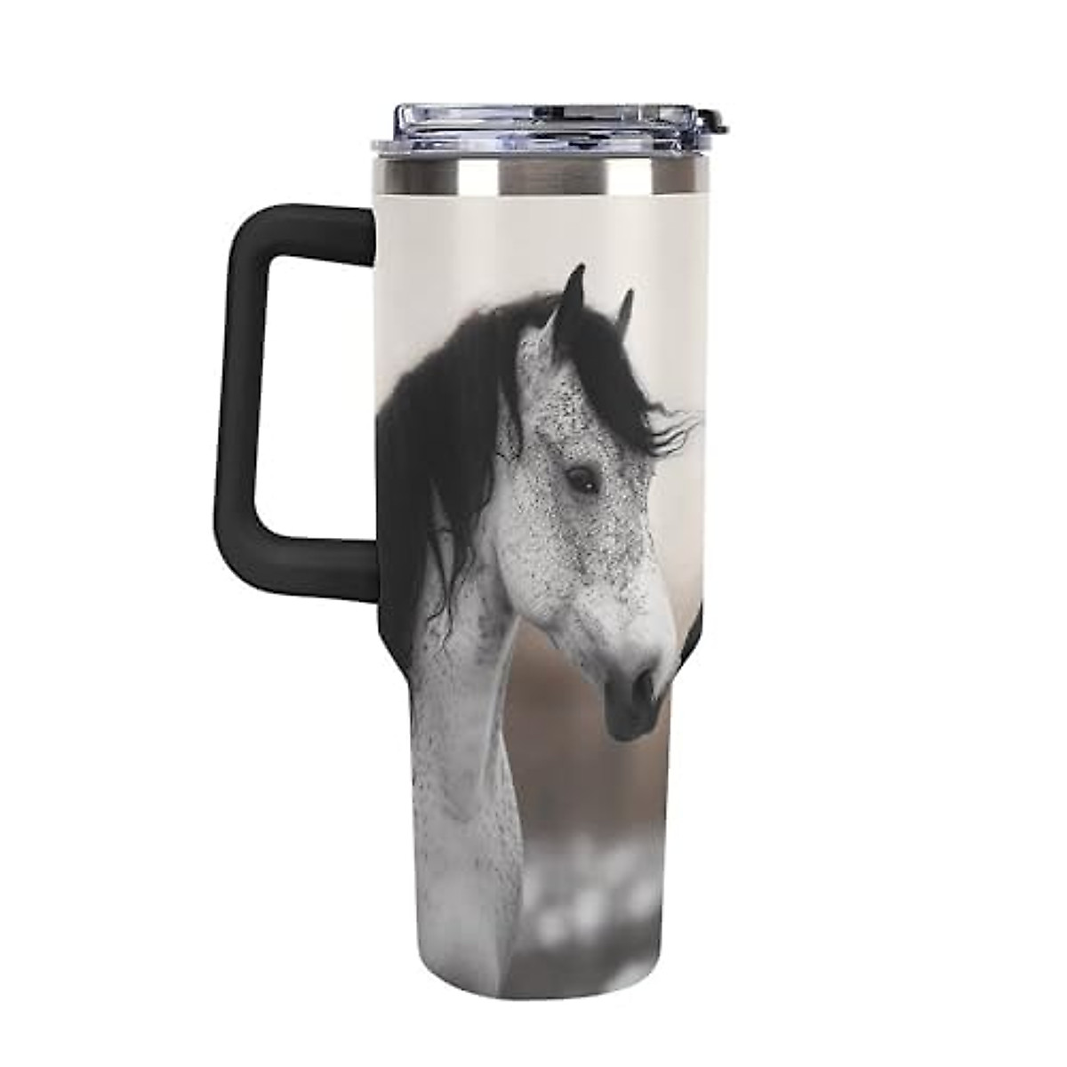 STVNKML 40 Oz Tumbler with Handle Black And White Horses Stainless Steel Coffee Mug Reusable Travel Mug Leak-proof Insulated Car Cup Large Capacity Tumbler for Travel, Outdoor, Home Use (Black)