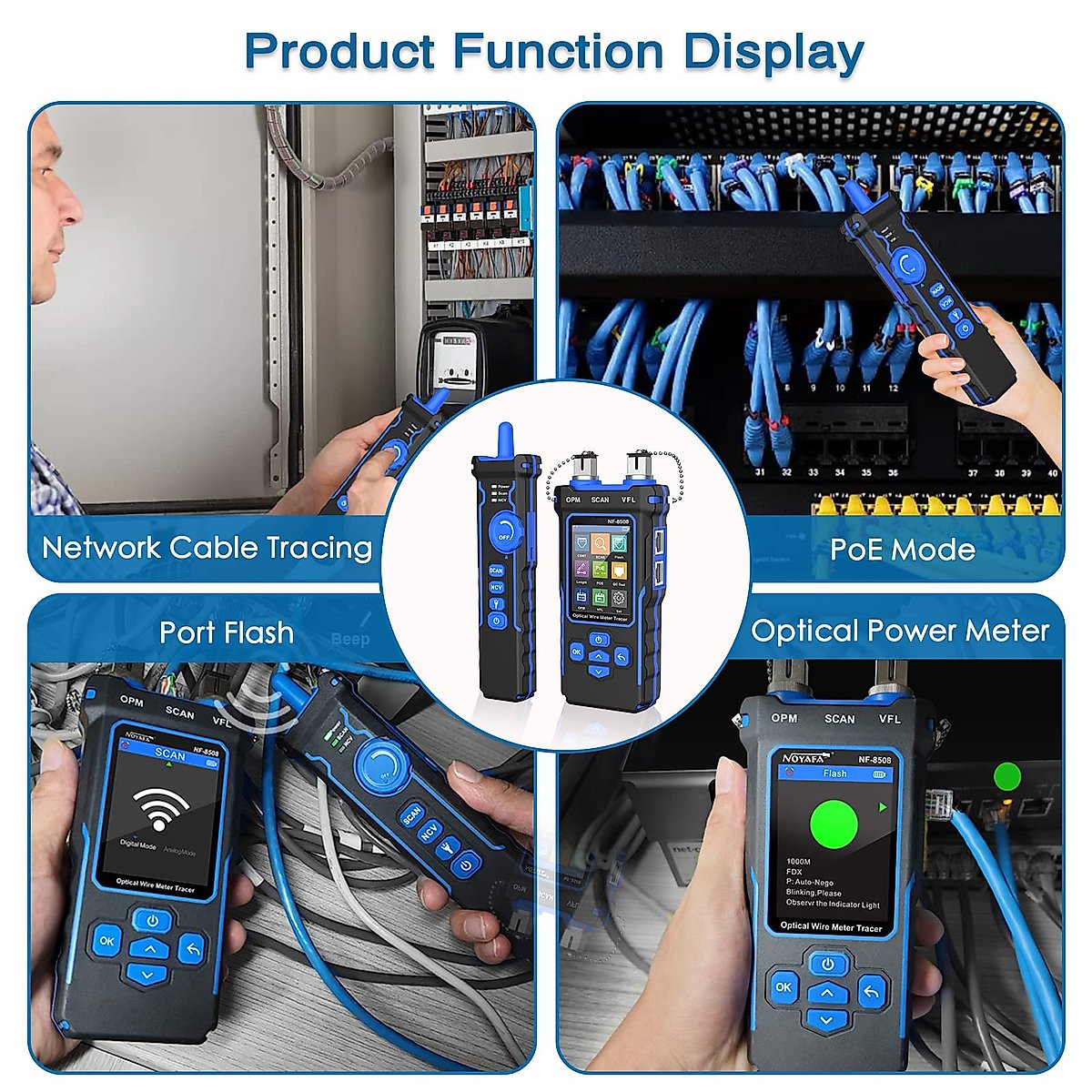 NOYAFA Network Cable Tester with Optical Power Meter VFL, CAT5 CAT6 Cable Toner Ethernet Cable Tester, RJ11 RJ45 Network Tester for Telephone, Ethernet, Video, PoE Tester Wire Tracer Fiber Tester