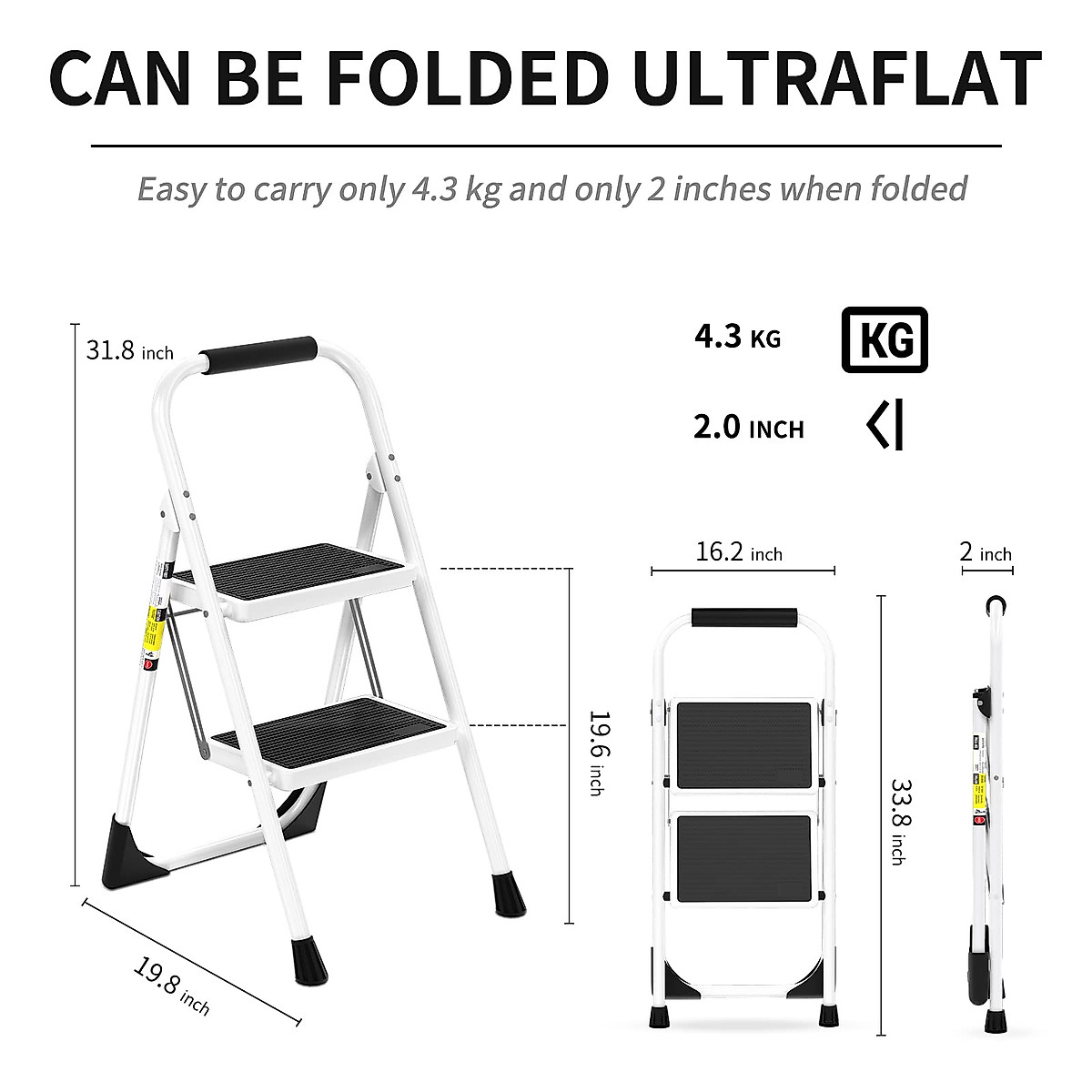 Step Ladder EFFIELER,2 Step Stool Ergonomic Folding Step Stool with Wide Anti-Slip Pedal 430 lbs Sturdy Step Stool for Adults Multi-Use for Household, Kitchen，Office Step Ladder Stool (White)