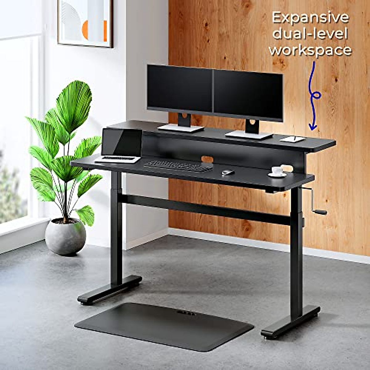 Stand Steady Tranzendesk | 55 Inch Dual Level Standing Desk with Shelf | Easy Crank Height Adjustable Sit to Stand Desk | Stand Up Workstation with Monitor Riser for Home & Office (55in / Black)