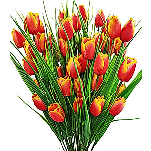 Guagb 8 Bundles Outdoor Artificial Tulips Fake Flowers UV Resistant Faux Plastic Greenery Shrubs Plants for Home Outside Garden Porch Window Farmhouse Decor (Orange)