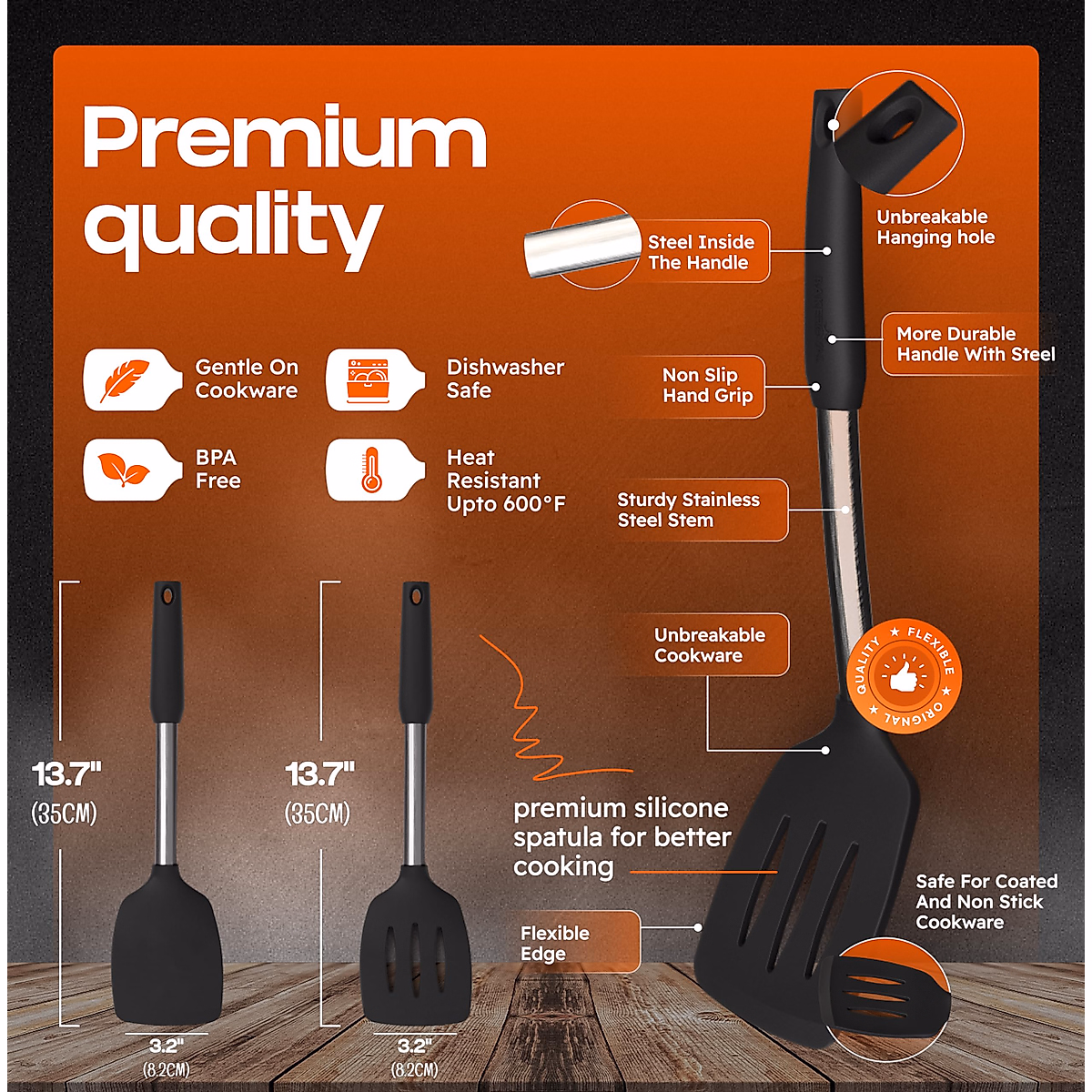 BakeRoyal Silicone Spatula Set - Turner Spatulas Silicone Heat Resistant 600°F - Slotted & Solid Silicone Spatulas for Cooking Fish, Eggs, Pancakes Flipper – Silicone Cooking Utensils Set – Black