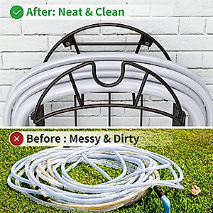 Hose Reel Garden Hose Holder,Water Hose Holder Wall Mount,Heavy Duty Metal Hose Hanger with Tool Storage Basket,Outdoor Hose Stands for Outside Garden Yard Garage
