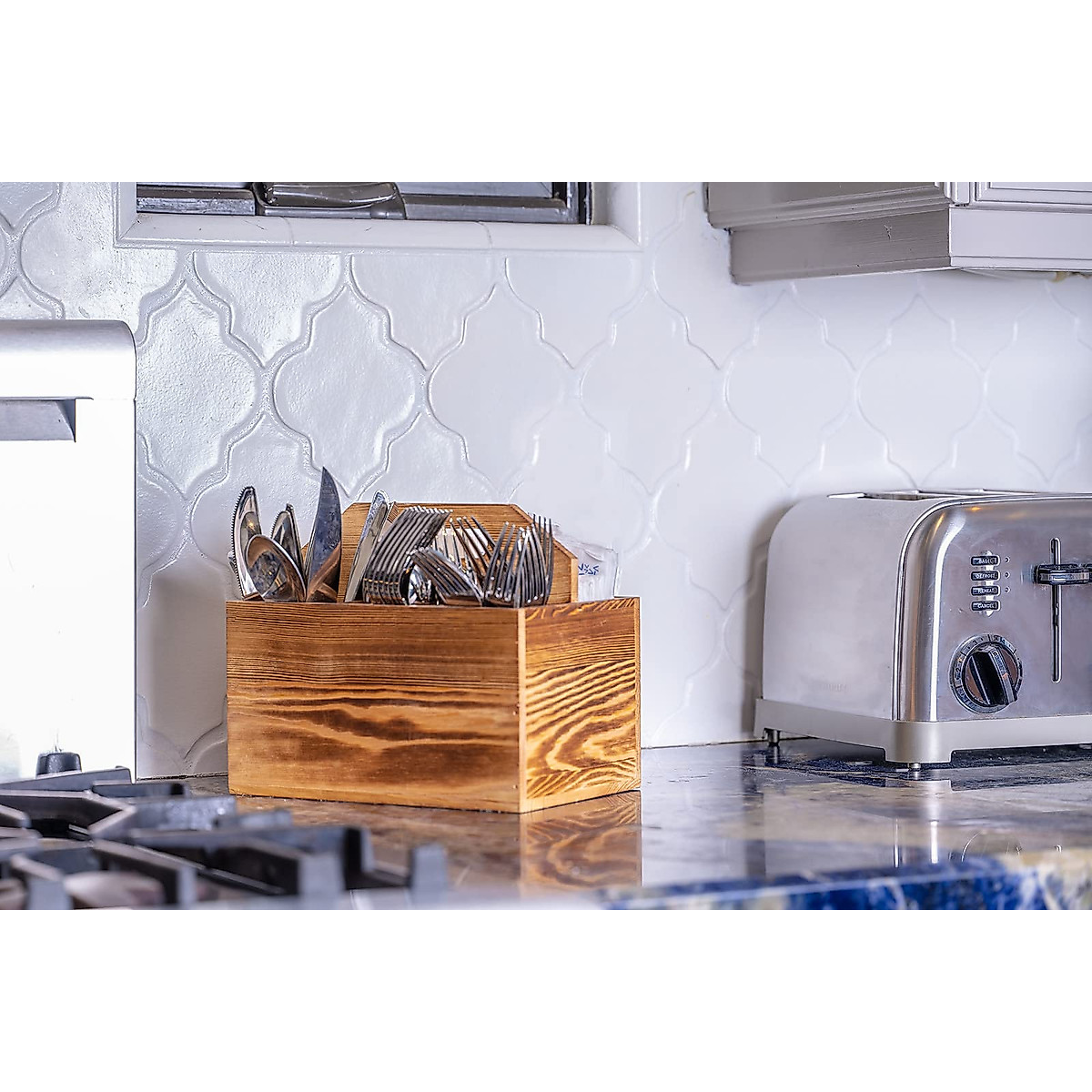 Utensil and Napkin Holder Flatware Caddy with Handle in Rustic Wood for Forks, Spoons and Knives, Silverware Organizer